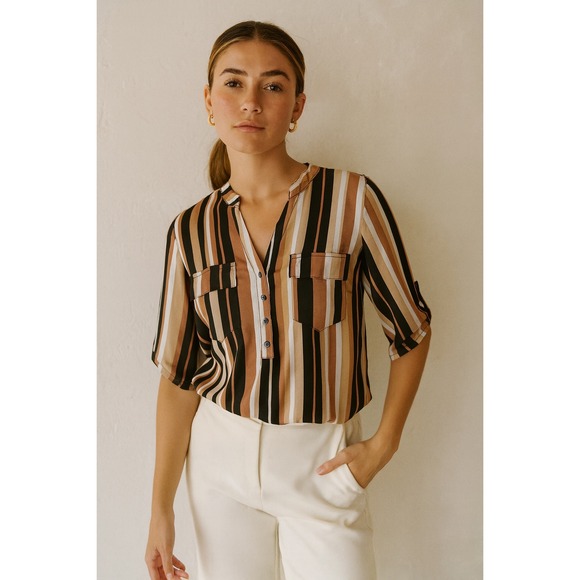 Cocomo | Tops | Cocomo Petite Pm Striped Blouse Button Front Top Roll ...